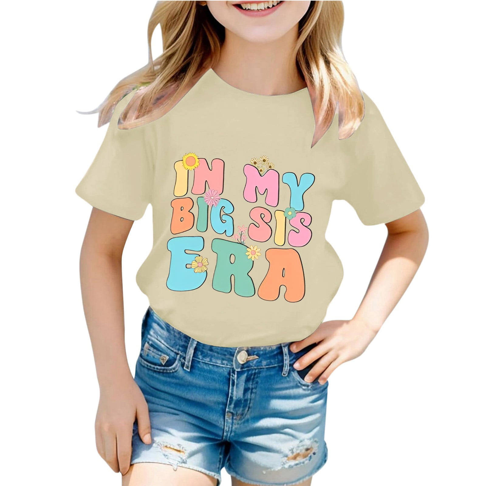 Big Girl's T Shirt Fashionable Letter Round Neck Short Sleeved Floral ...