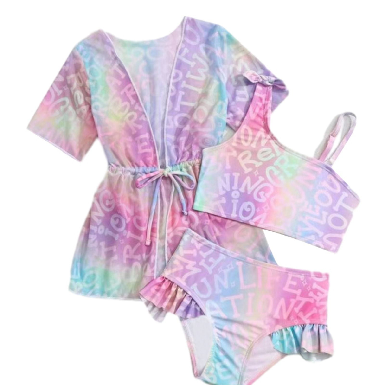 Big Girls 3 Piece Swimsuits Bathing Suit One Shoulder Ruffle Bikini Set ...