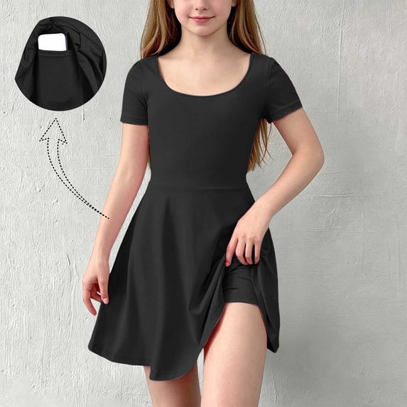 Big Girls Back To School Dress 5-15Y Square Neck Short Sleeve Solid ...