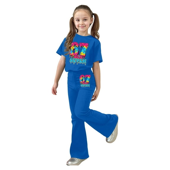 Big Girls Casual Outfit Short Sleeve Top Long Pants Printed Two Piece ...