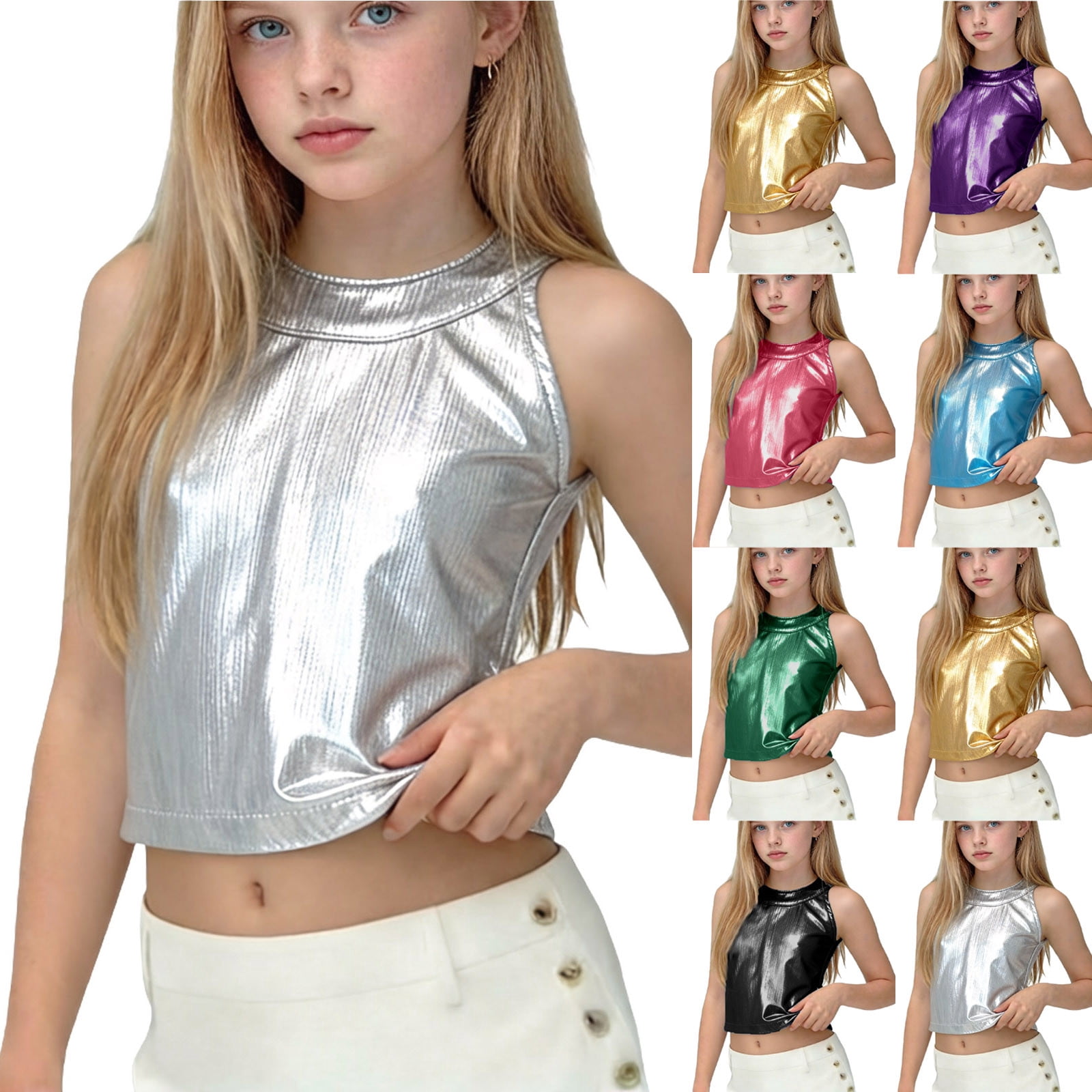 Big Girls Crop Tops, Glitter Tanks for Girl Casual Summer Crew Neck ...