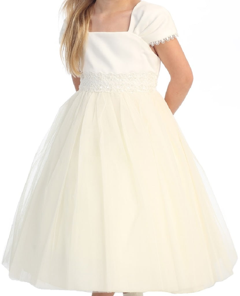Big Girls Dainty Cap Sleeve Lace Communion Flower Girls Dresses Ivory ...