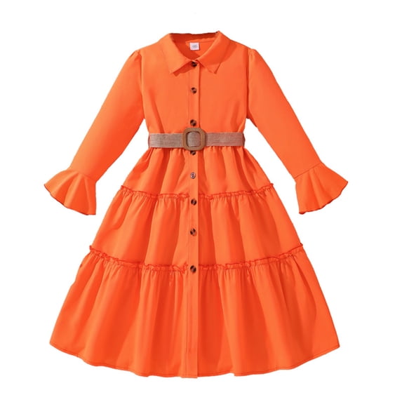 Big Girls Dresses Kids Elegant Long Sleeve Lapel Shirt With Belt for ...