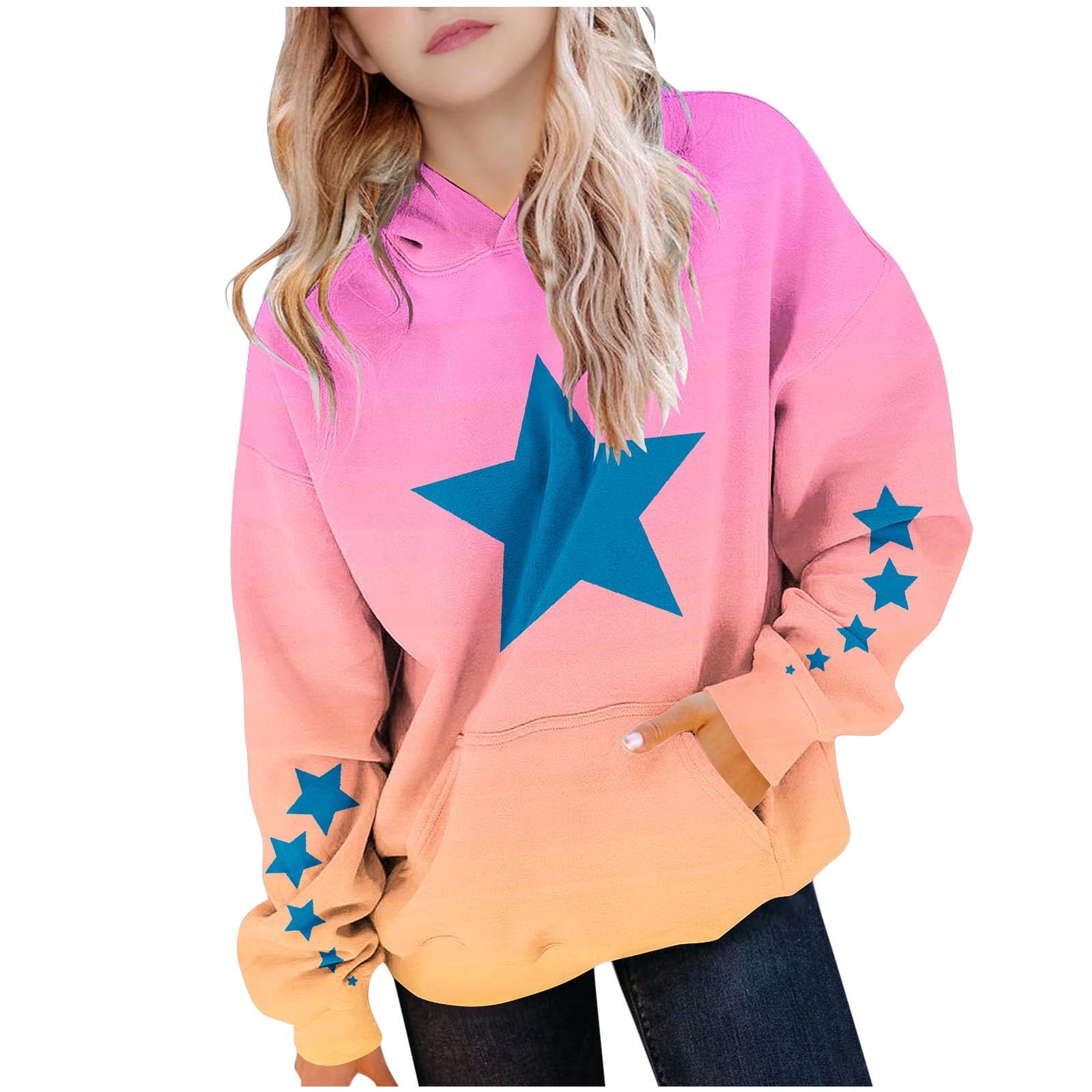 Big Girls Hoodies with Pocket Gradient Color Stars Printed Fashion ...