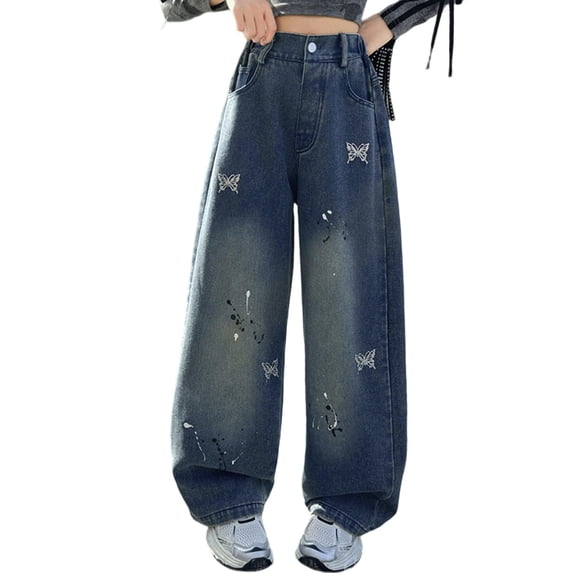 Big Girls Jeans Stretch Denim Pants Wide Leg Straight Fit Casual ...