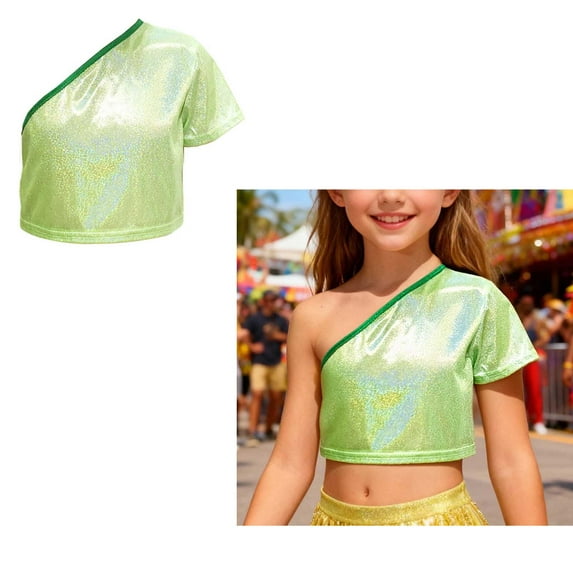 Big Girls One-Shoulder Sequins Tops Metallic Sparkle Shiny Loose Tops ...
