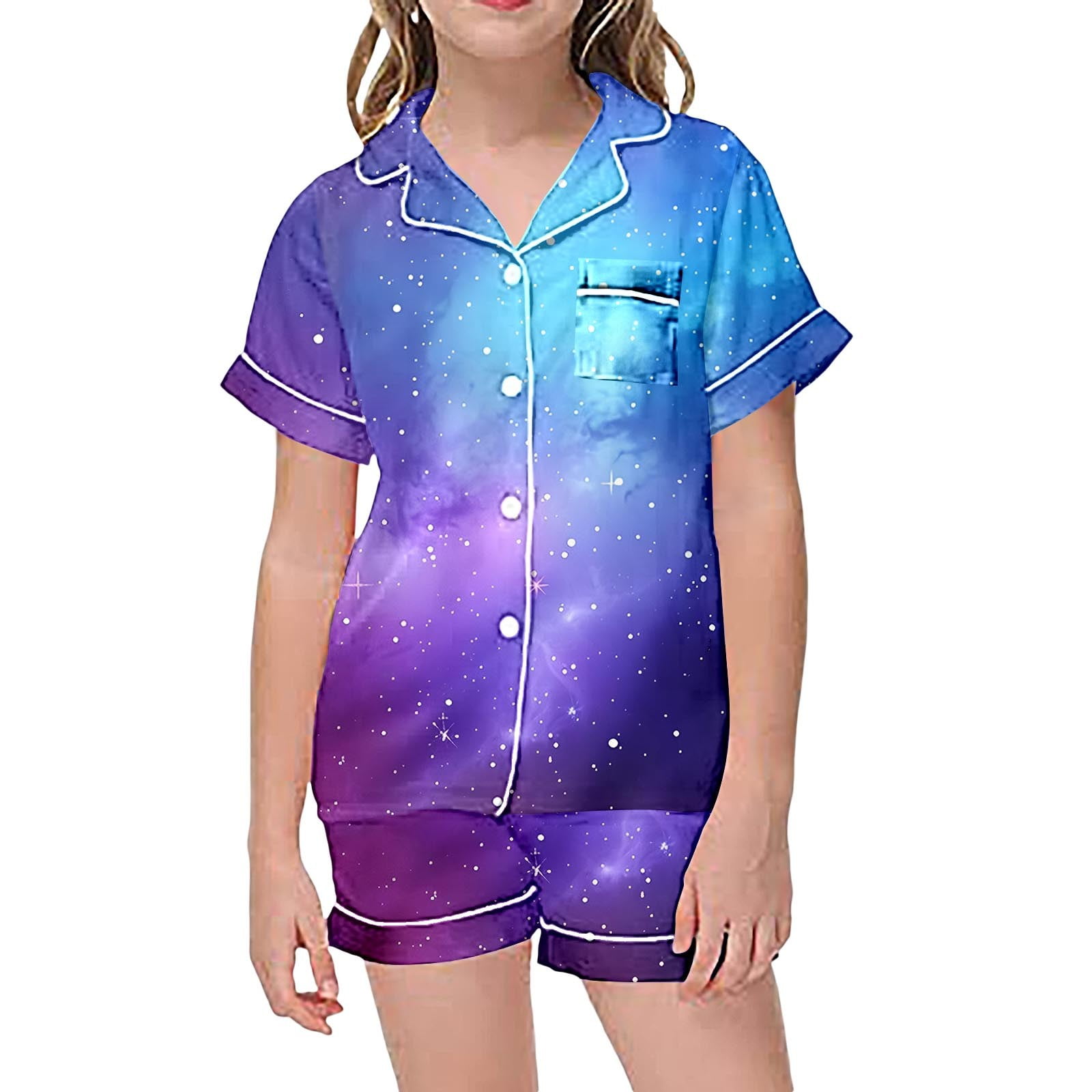 Big Girls Pajama Set Super Soft Sleepwear Galaxy Print Button Lapel ...