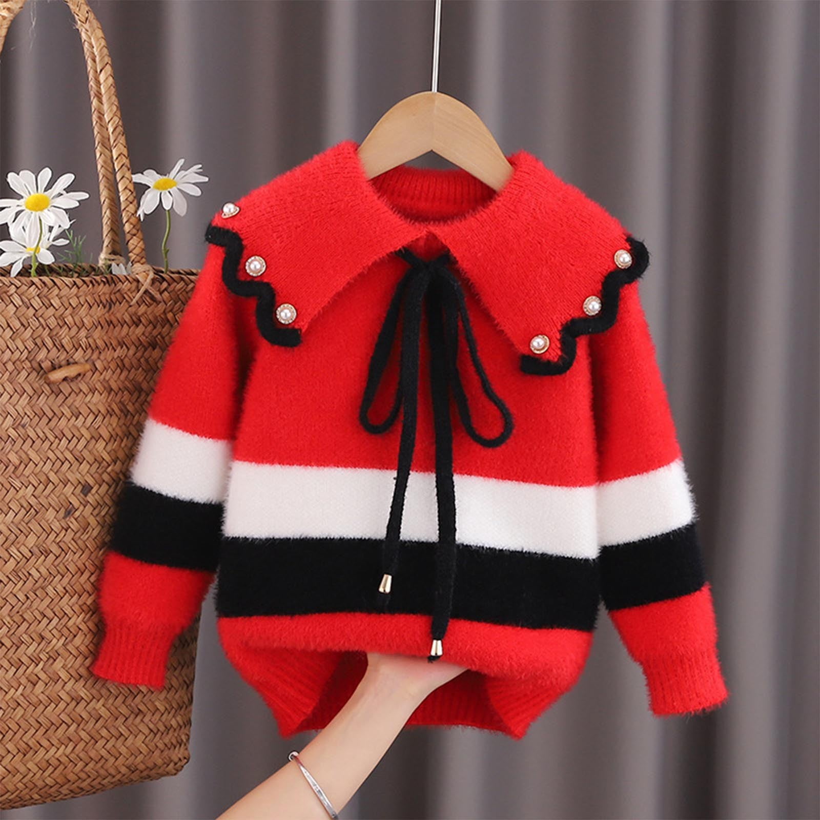 Big Girls Red Knitted Cotton Sweater 11 Years - Peter Pan Collar Pearl ...