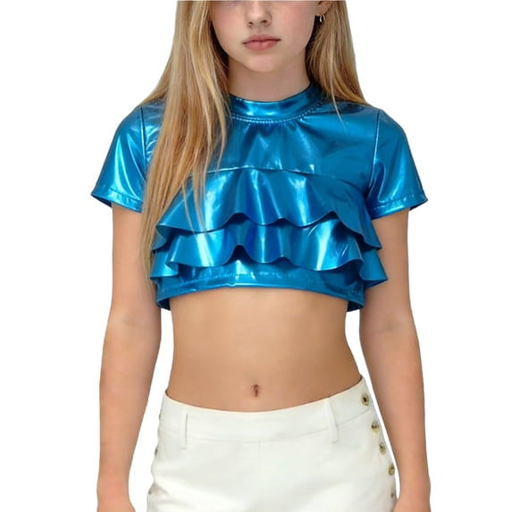 Big Girls Ruffle Crop Tops - Casual Summer Solid Color Ruffles Layered ...