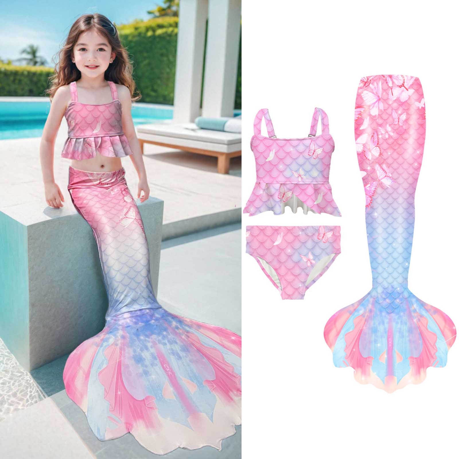 Big Girls Scale 3D Print Bathing Suit 3Pcs Cute Ruffle Tankini ...