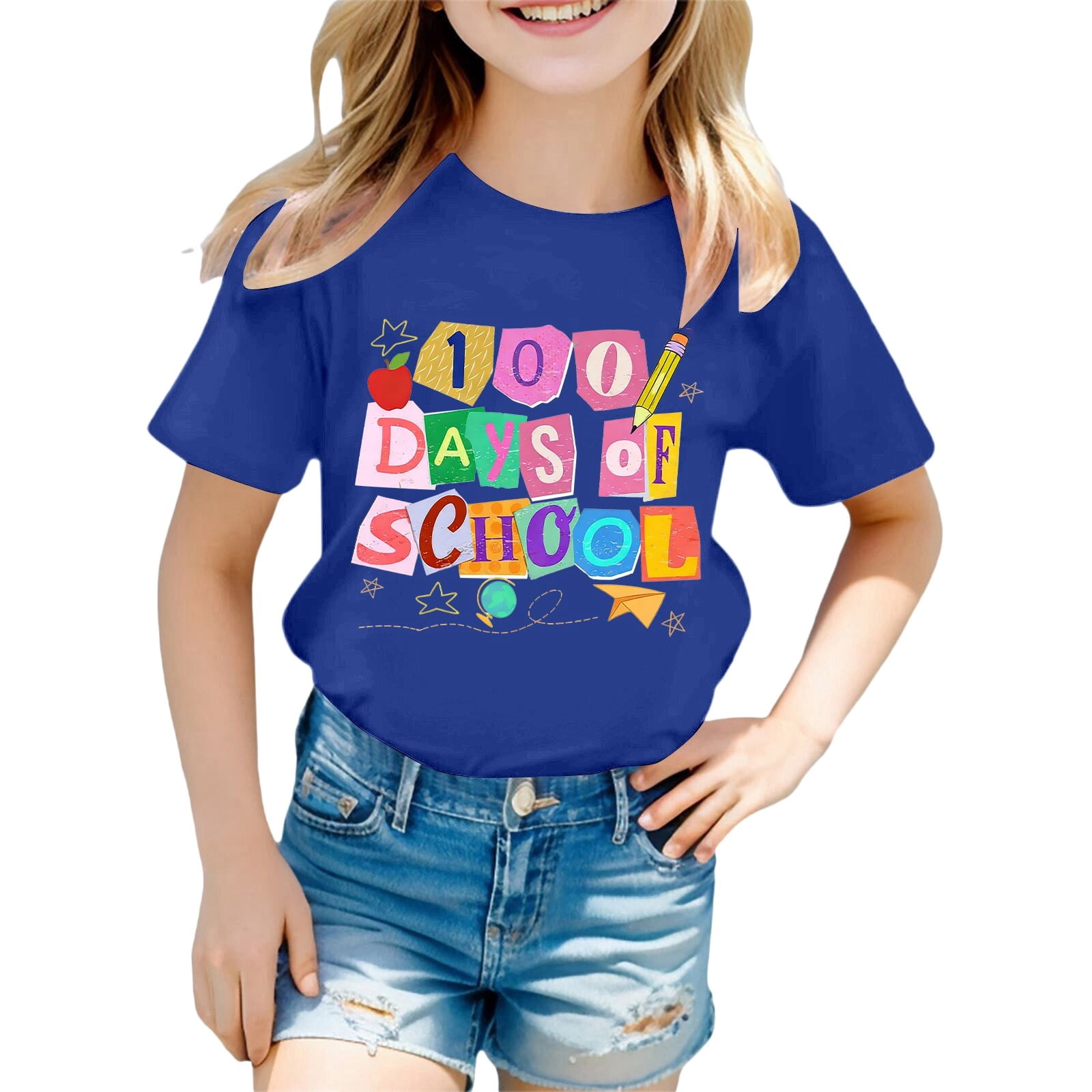 Big Girls Shirts Fashion Short Sleeve With Prints Loose Fit Round Neck ...