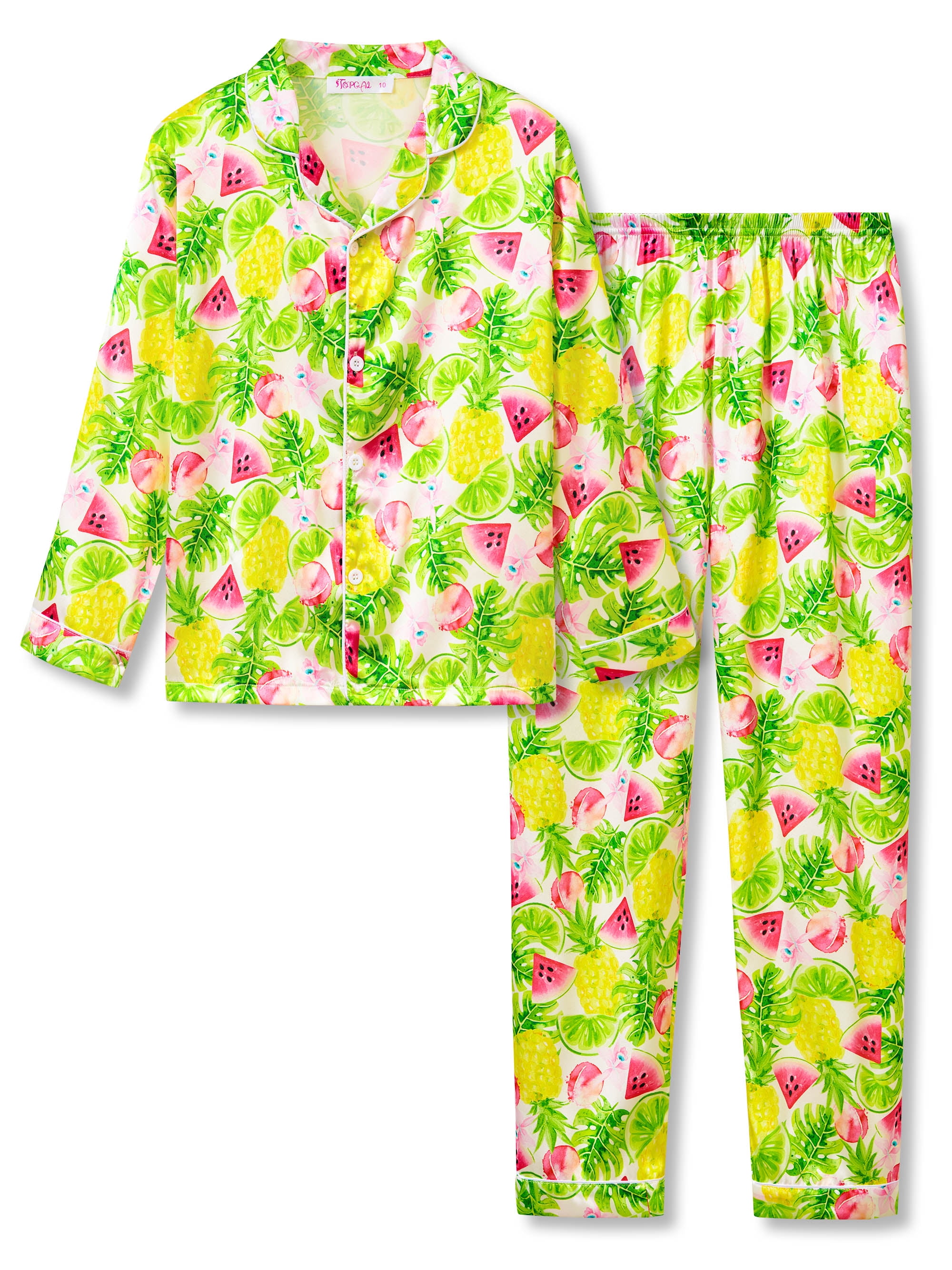 Big Girls Silky Satin Button Up Mutli-Fruit Pajamas – 2 PC Long Sleeve ...