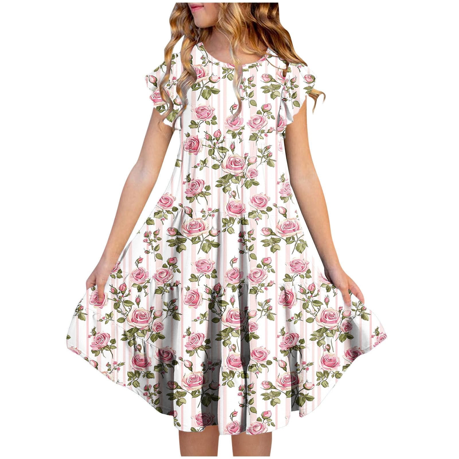 Big Girls Spring Dress Flutter Sleeve Floral Print Tiered Ruffle Girls ...