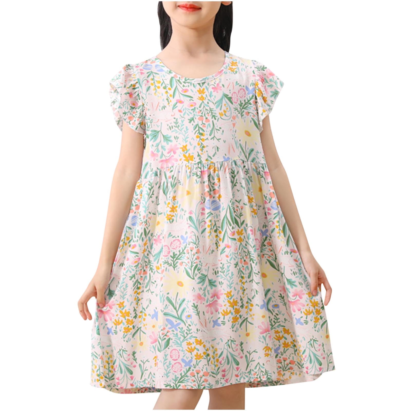 Big Girls Summer Dress Floral Swing Dresses Flutter Sleeveless Cotton ...