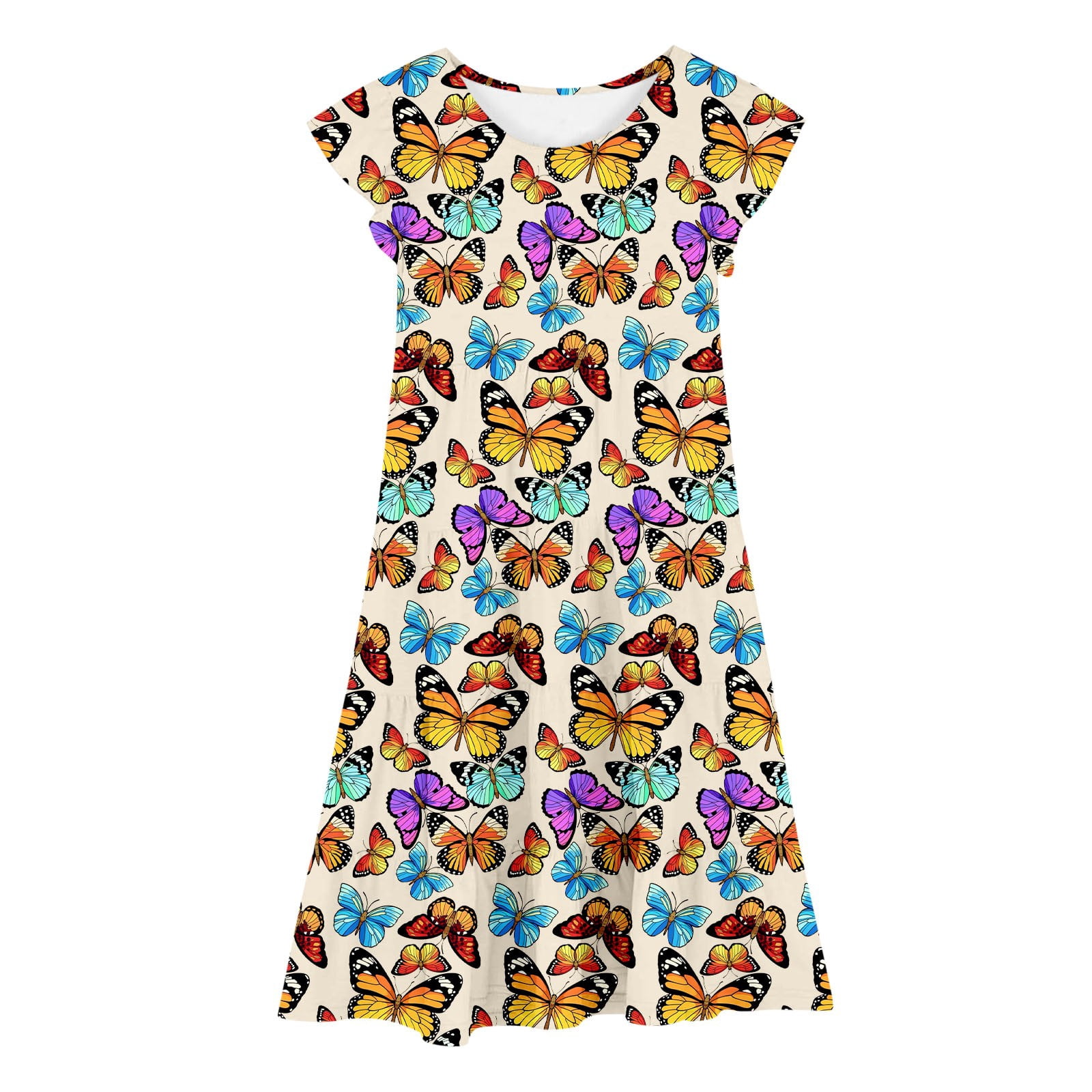 Big Girls Summer Dress Party Print Flutter Sleeve Tiered Elastic Waist ...