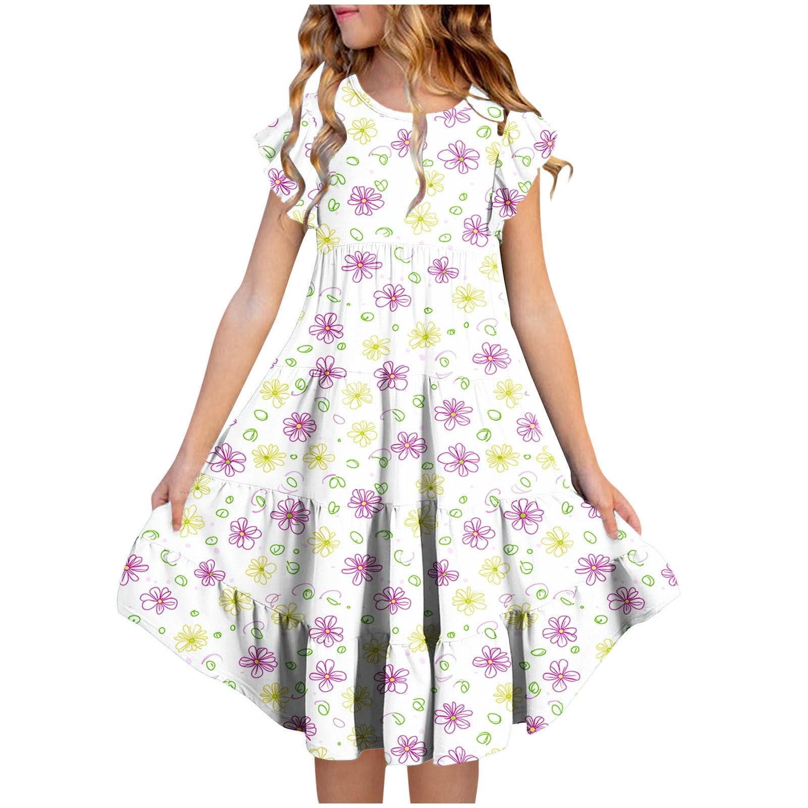 Big Girls Summer Dresses Floral Print With Flutter Sleeves Tiered ...