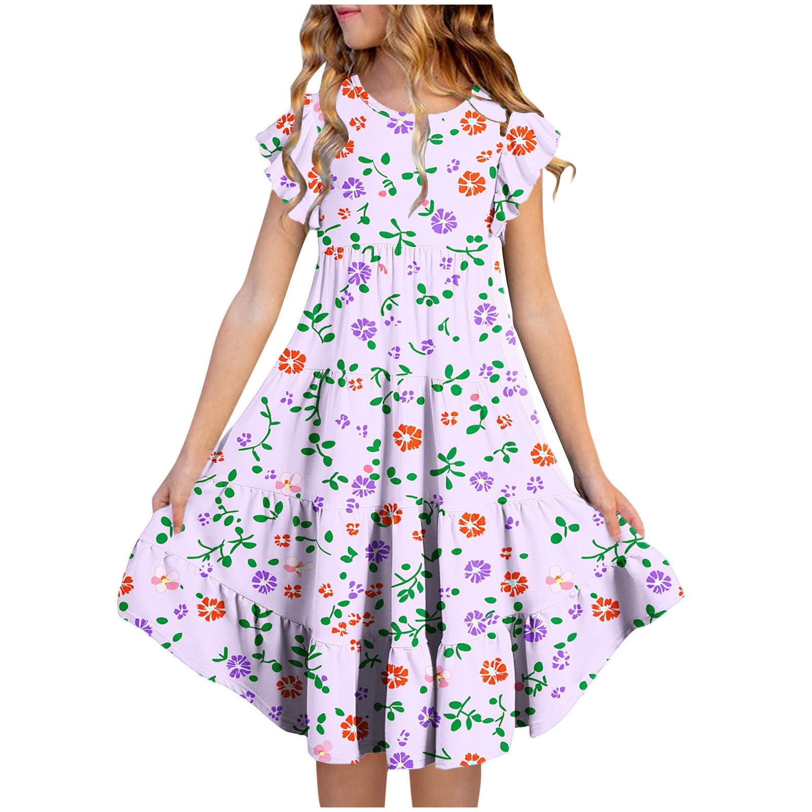Big Girls Summer Dresses Floral Print With Flutter Sleeves Tiered ...