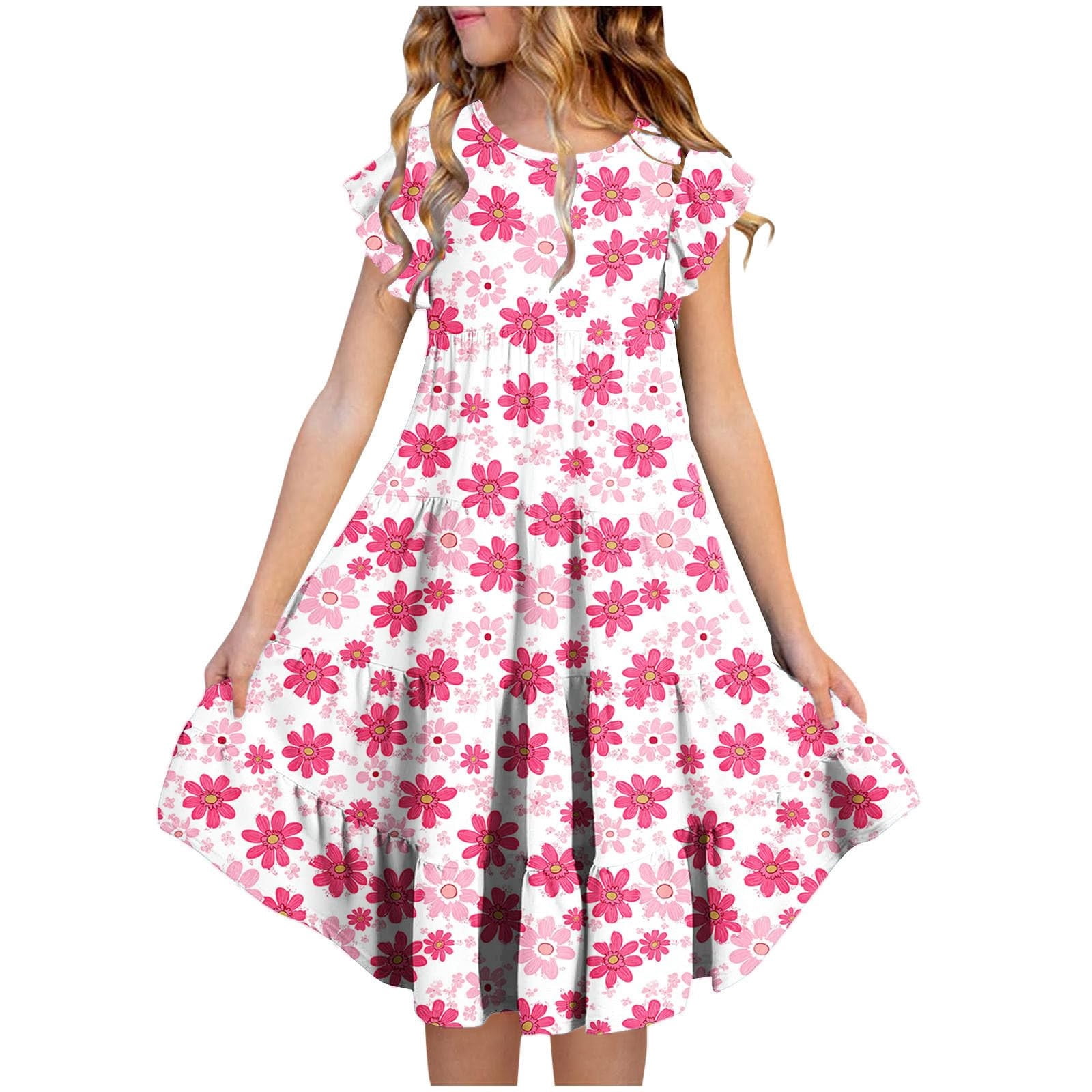 Big Girls Summer Dresses Flutter Sleeve Floral Print Tieredwear Summer ...