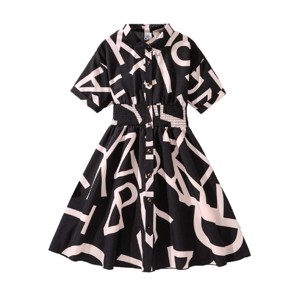 Big Girls Summer Dresses Short Sleeved With Collar Buttoned Letter ...