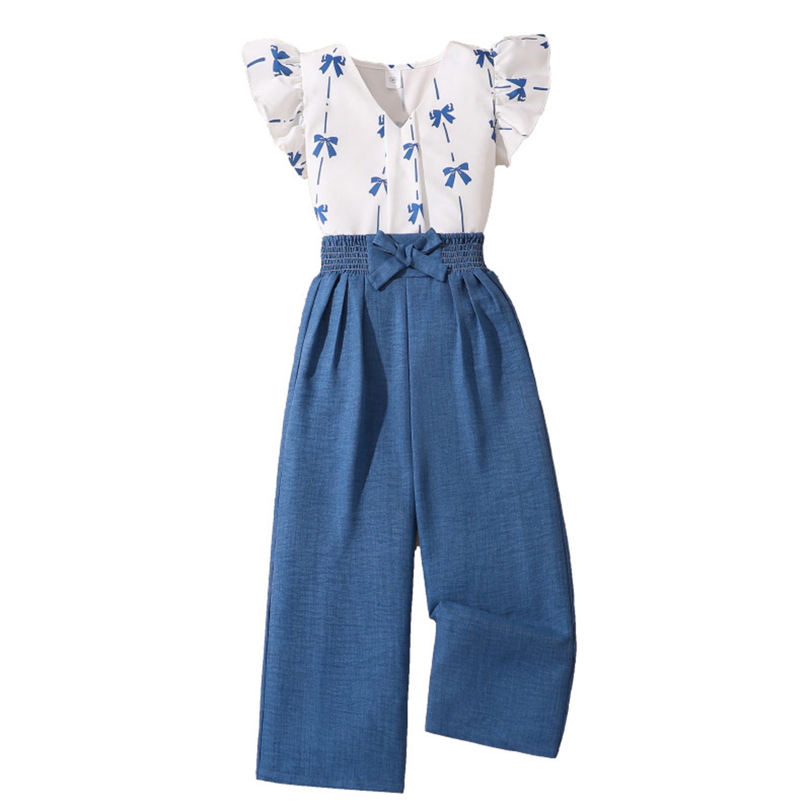 Big Girls Summer Outfits Casual Blue V Neck Short Sleeve Top With Wide ...