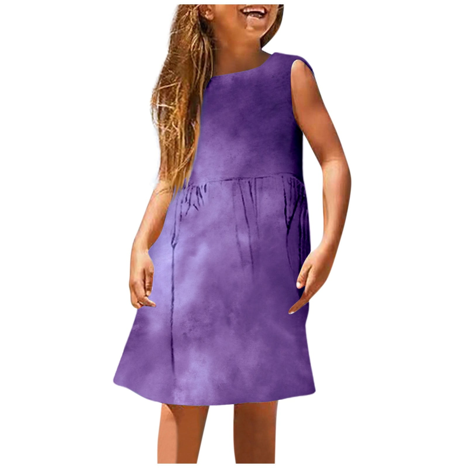 Big Girls' Summer Sleeveless A Line Dress Stretchy Comfort Crewneck ...