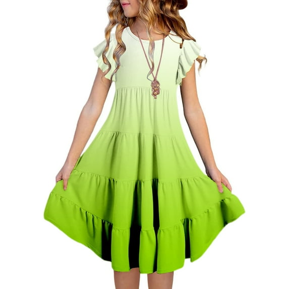 Big Girls Sundress Round Neck Ruffle Sleeve Layered A Line Casual ...