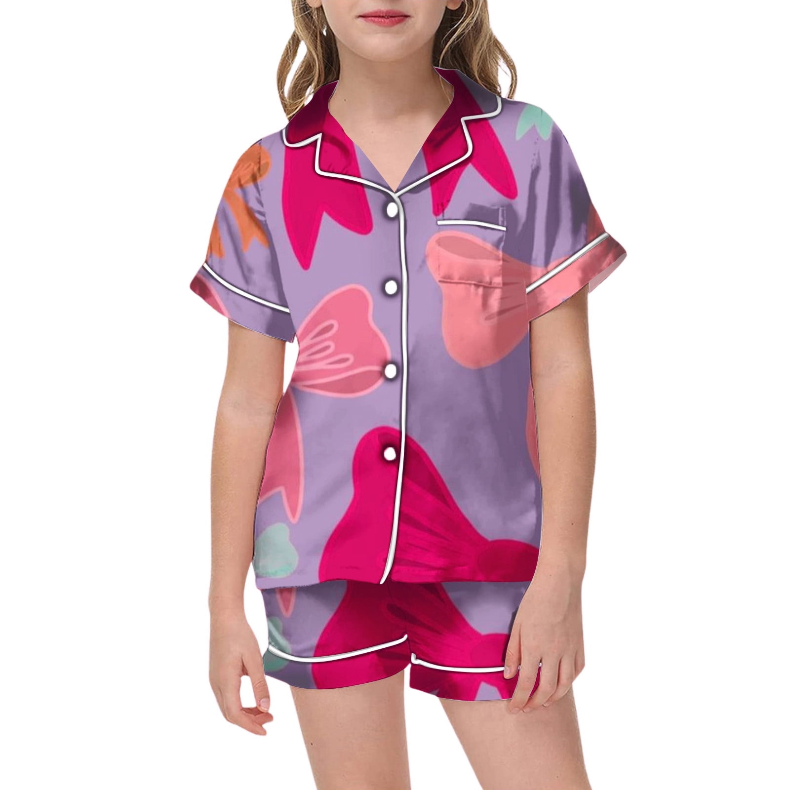 Big Girls Super Soft Pajama Set Sleepwear Bow Tie Printed Lapel Short ...