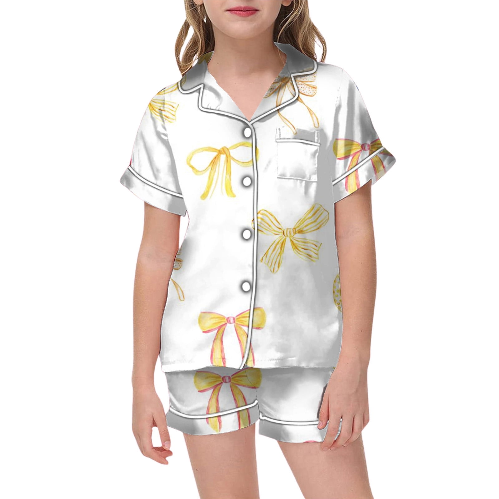 Big Girls Super Soft Pajamas Set Sleepwear Bow Tie Printed Lapel Short ...