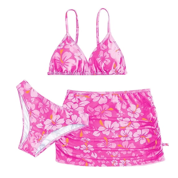 Big Girls Swimsuit Kids Child Three Piece Flower Print Bikini Tops ...