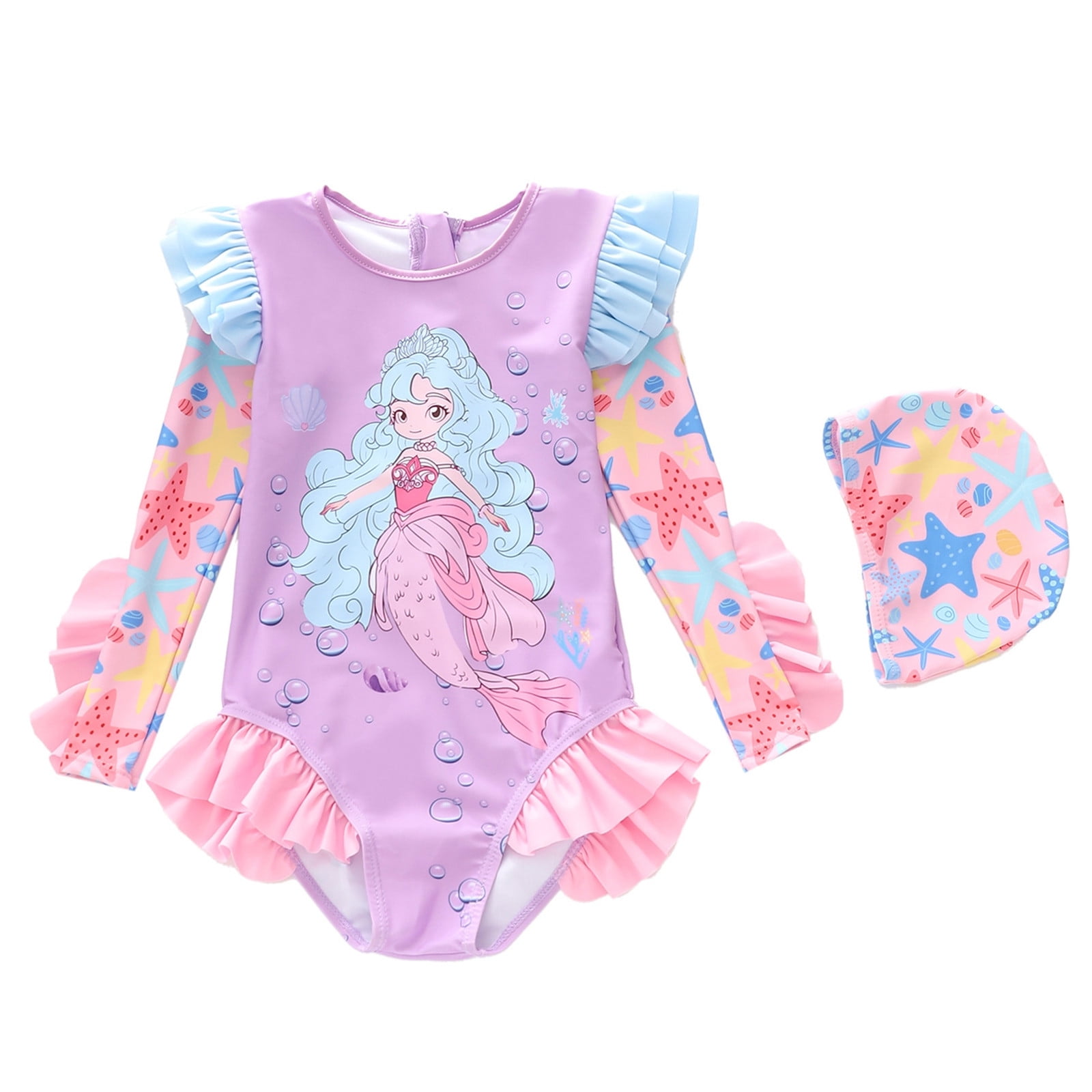 Big Girls Swimsuit Sun Long Sleeved Colorful Ruffled Swimsuit (3 14 ...