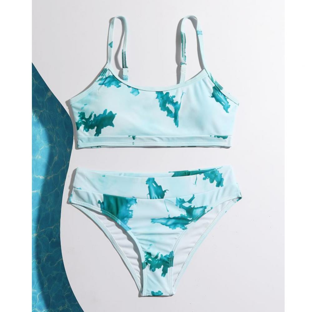 Big Girls Swimsuit Two-piece Tie Dye Blue Adjustable Suspender Tankini ...