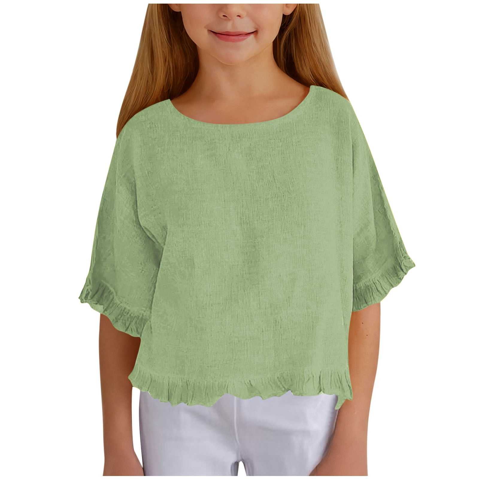 Big Girls T Shirt Linen Half Sleeved Ruffled Fashion Crewneck Solid ...