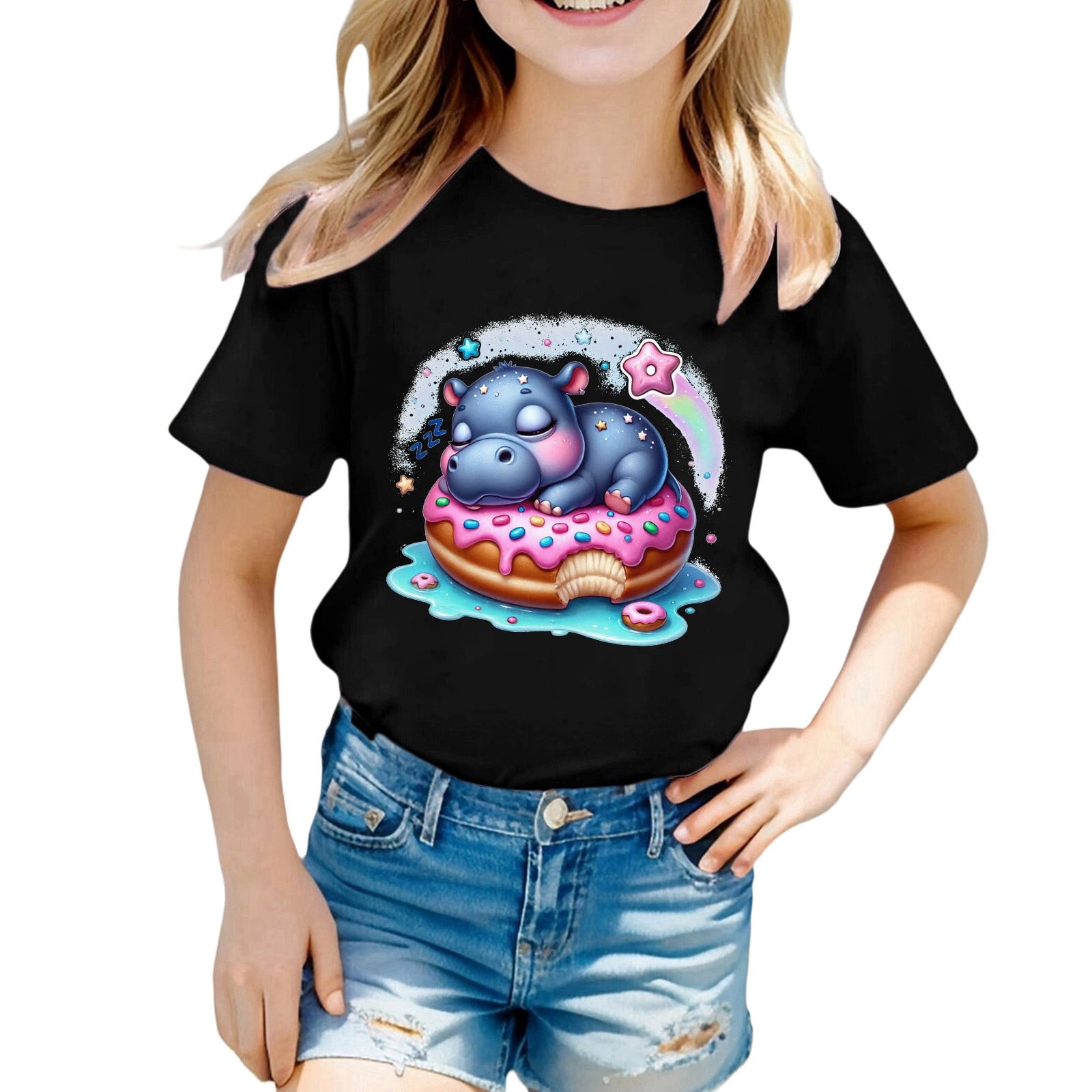 Big Girls T Shirts Kids Short Sleeve Hippo Print Round Neck Comfortable ...