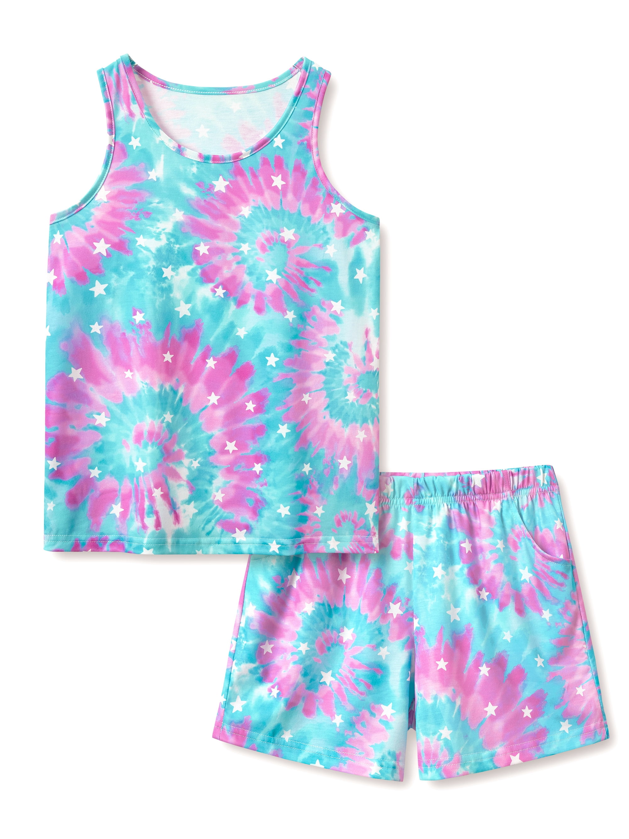 Big Girls Tie Dye Colorful Swirl White Stars Pajamas Tank Top & Shorts ...