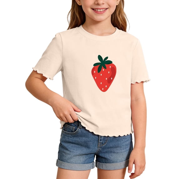 Big Girls Tshirts Print Casual With Lace Trim And Short Sleeves For ...
