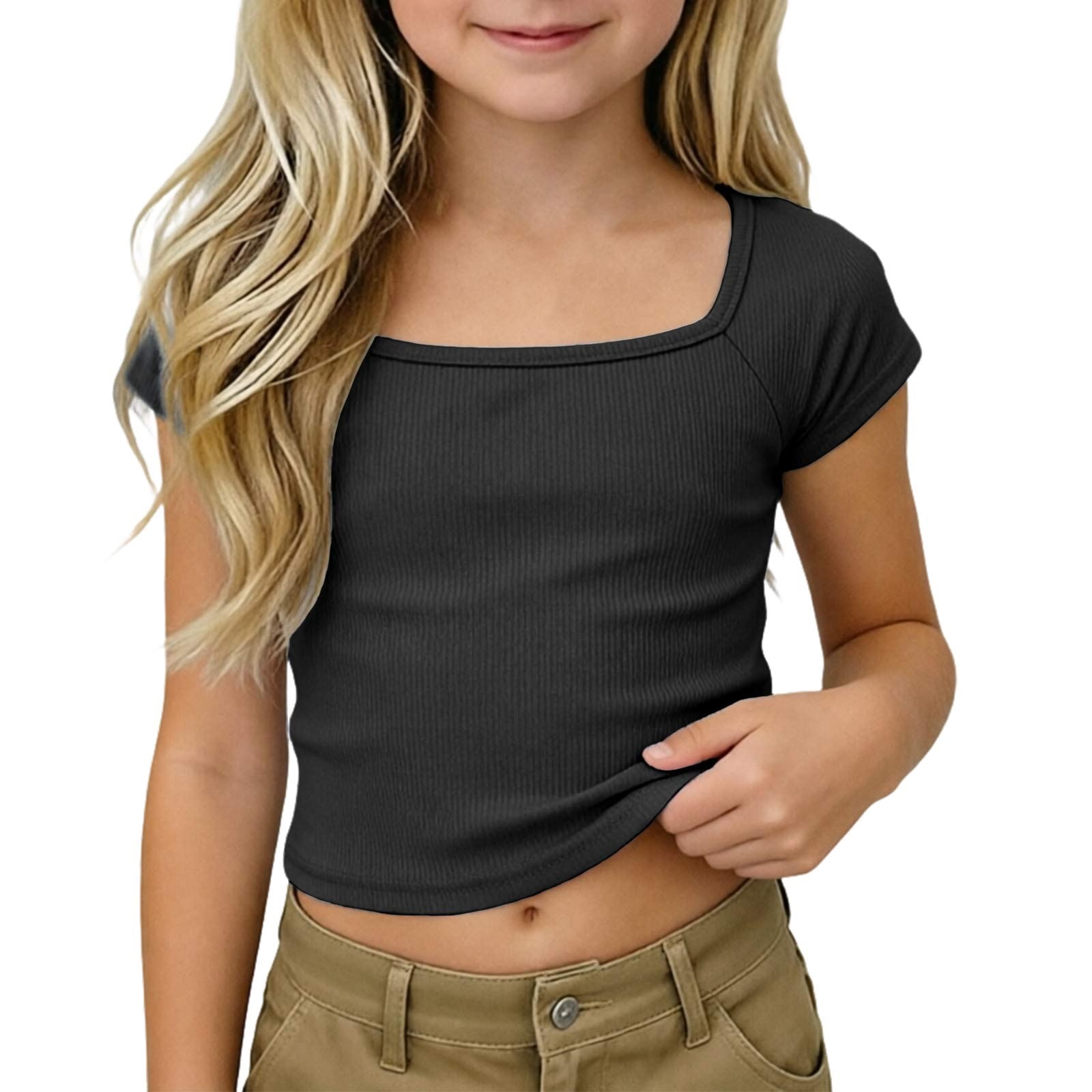 Big Girls Tshirts Ribbed Knit Crop Short Sleeve Square Neck Raglan ...