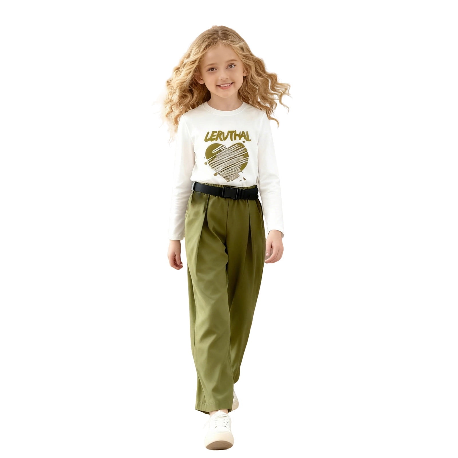 Big Girls Two Piece Outfit Long Sleeve Top Straight Leg Cargo Pants ...