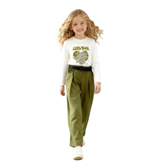 Big Girls Two Piece Outfit Long Sleeve Top Straight Leg Cargo Pants ...