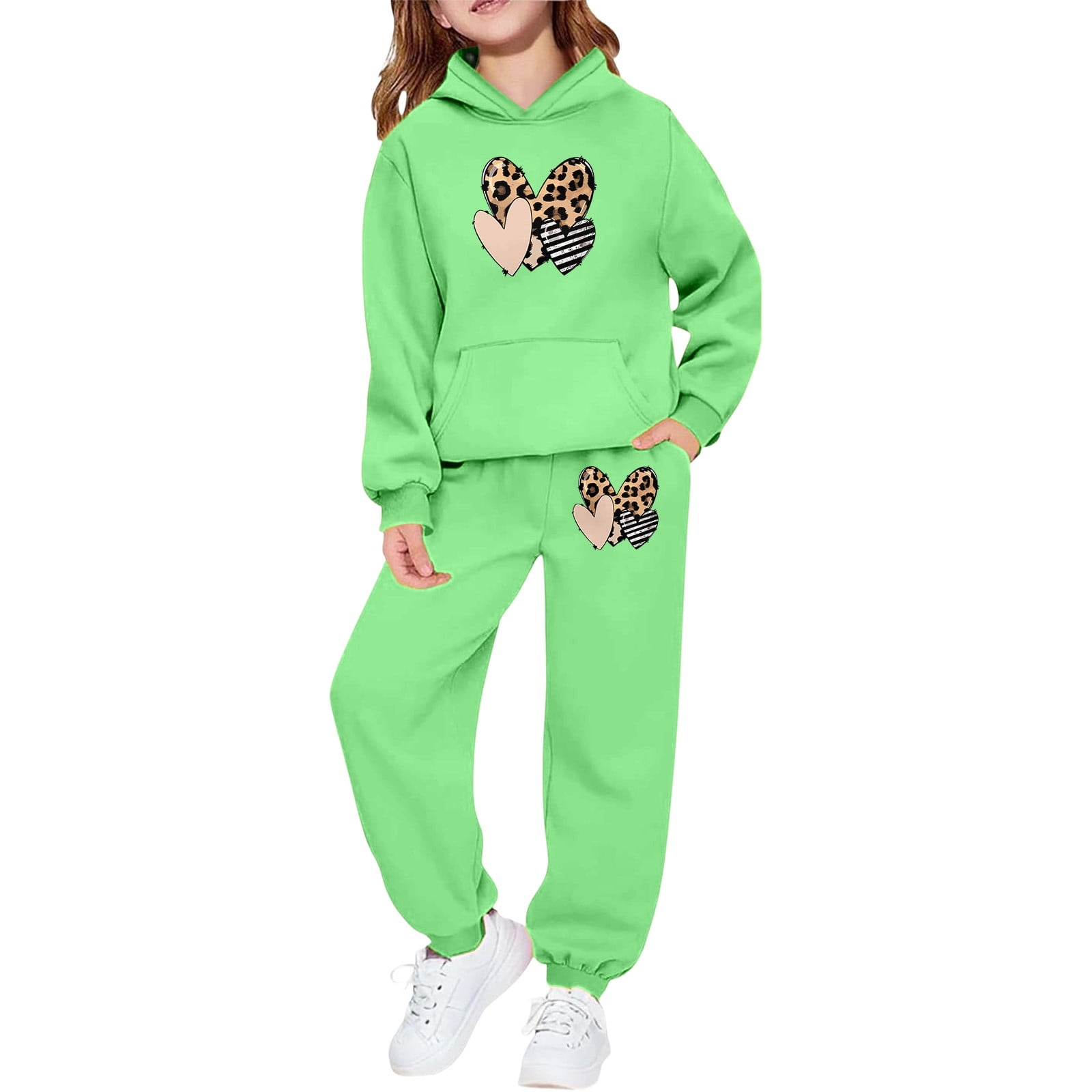 Big Girls Valentine'S Day Hoodie Jogger With Leopard Print Heart Design ...
