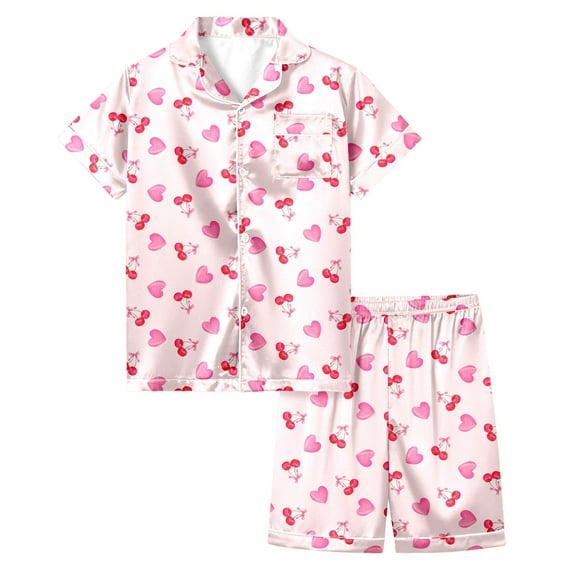 Big Girls Valentines Day Pajama Cartoon Cherry Print Short Sleeve ...