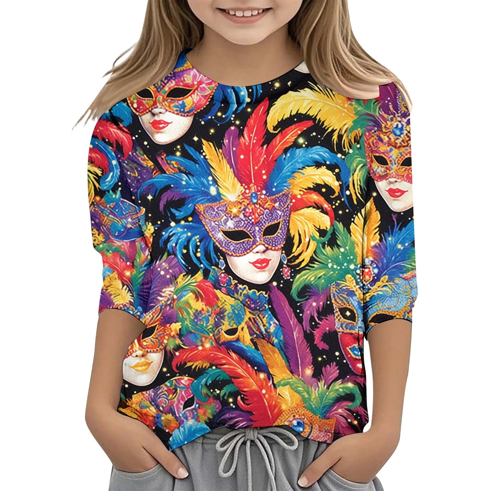 Big Kid Children's Leisure Carnival Print O Neck Loose 3/ 4 Sleeves ...