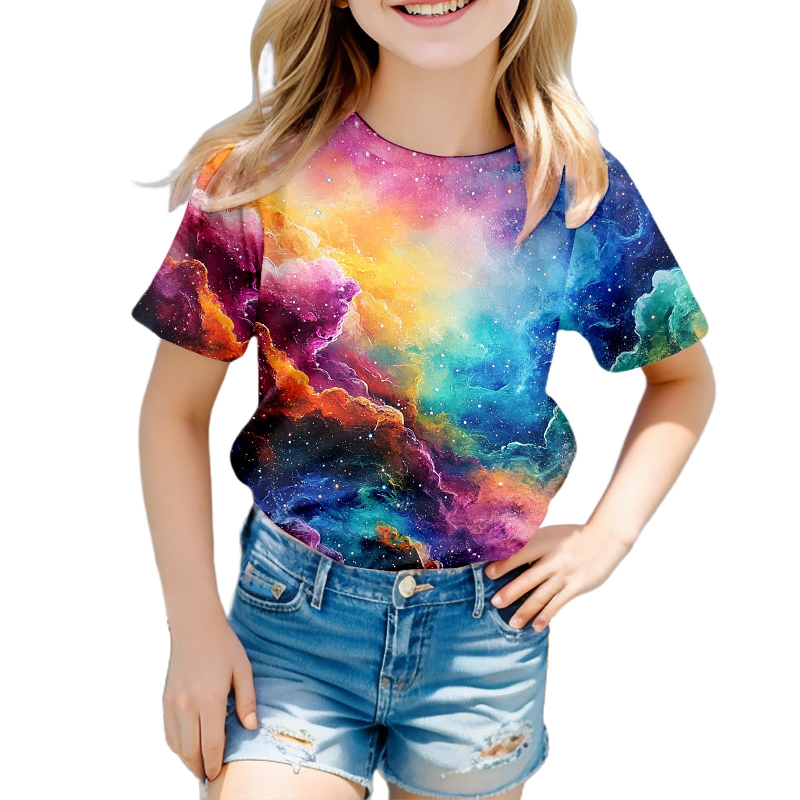 Big Kid Galaxy Shirt Girl's Short Sleeve Crew Neck Fancy T Shirt Top ...