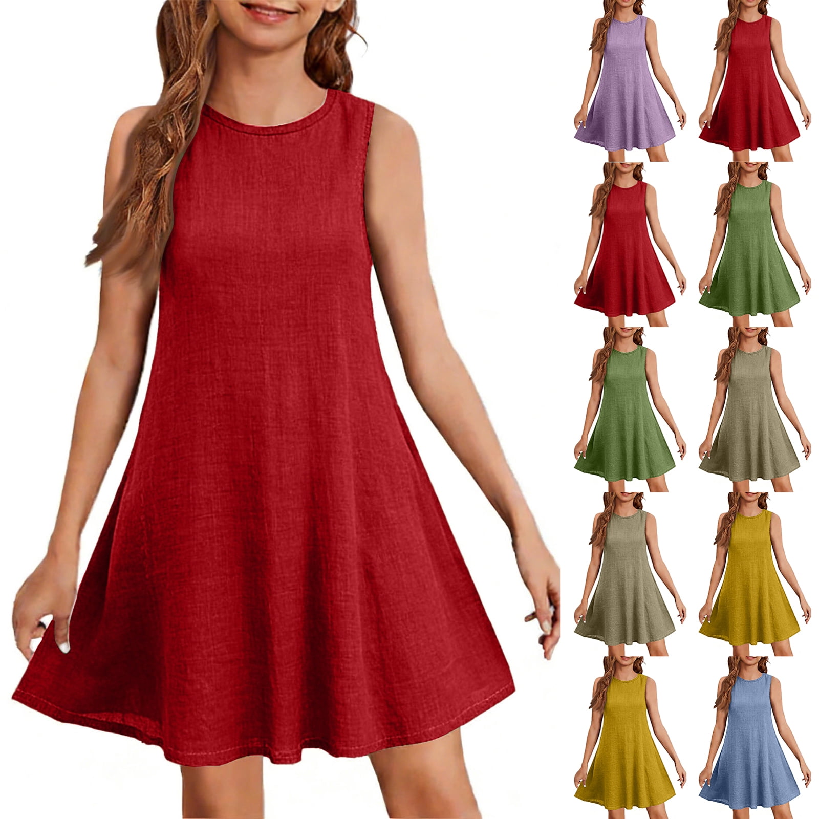 Big Kids Solid Color Flowy Sleeveless Dress Knee Length Comfortable All ...
