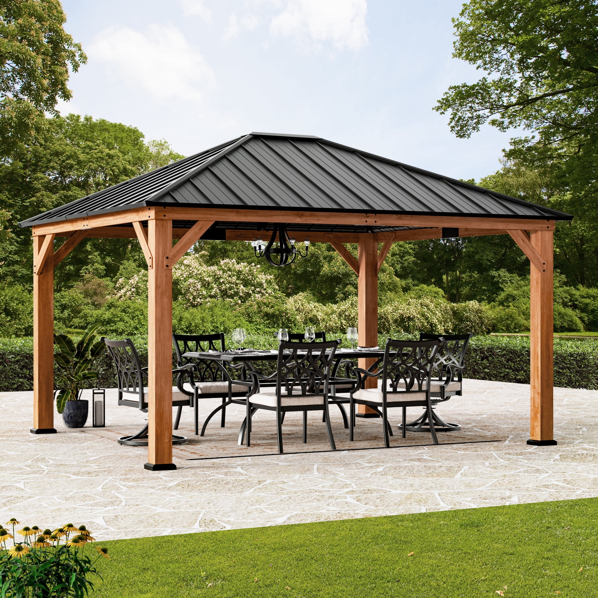 Big Leaf 12'x14' Cedar Wood Hardtop Gazebo, Galvanized Steel Roof for ...