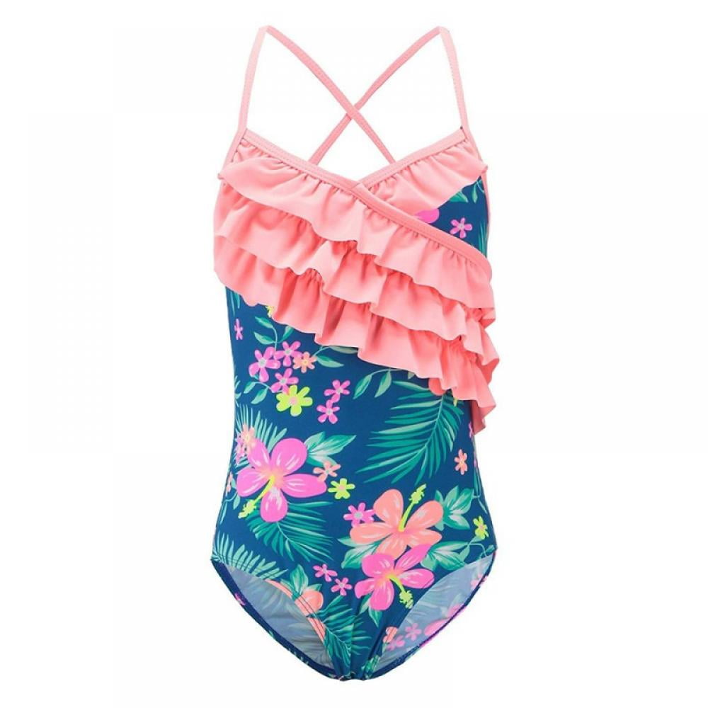 Big Little Girls One Piece Swimsuits Halter Swimwear Floral Ruffle ...