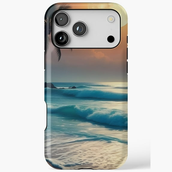 Big Moon Beach View Scenic Art Tough Case for iPhone 17 16 15 14 13 12 ...