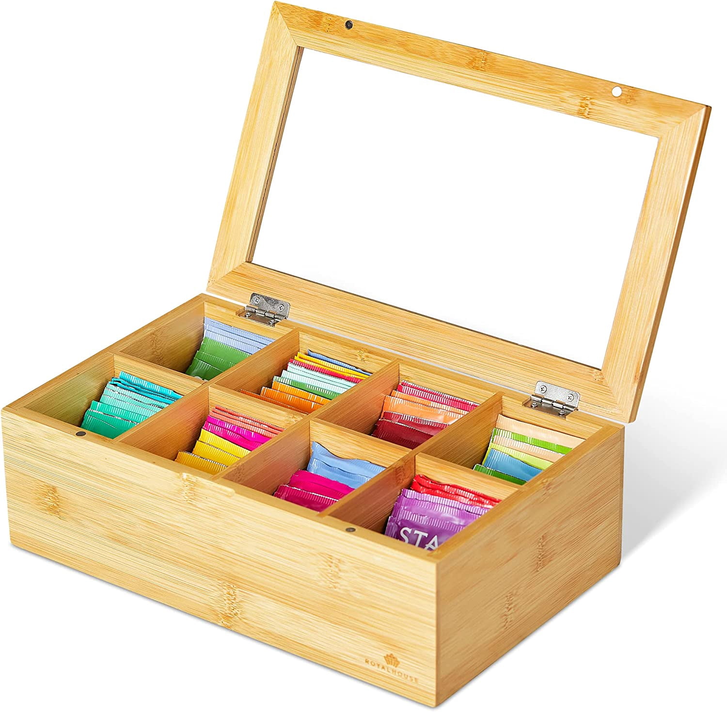 Big Natural Bamboo Tea Storage Organizer with Clear Acrylic Top Window ...