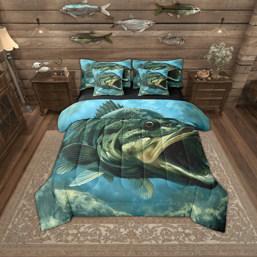 Big Pike Fish Bedding Comforter Sets 7pcs Hunting and Fishing Bed in a Bag Bedroom Decor, Bass ...