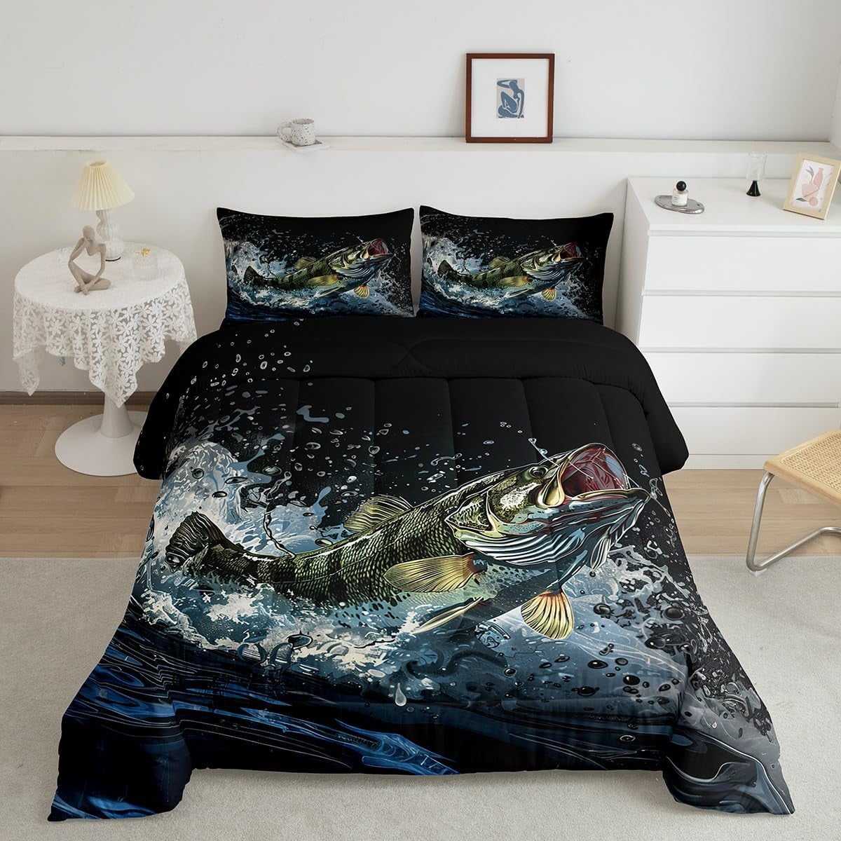 Big Pike Fish Comforter Set with Bass Big Fish Eat Small Fish Pattern ...