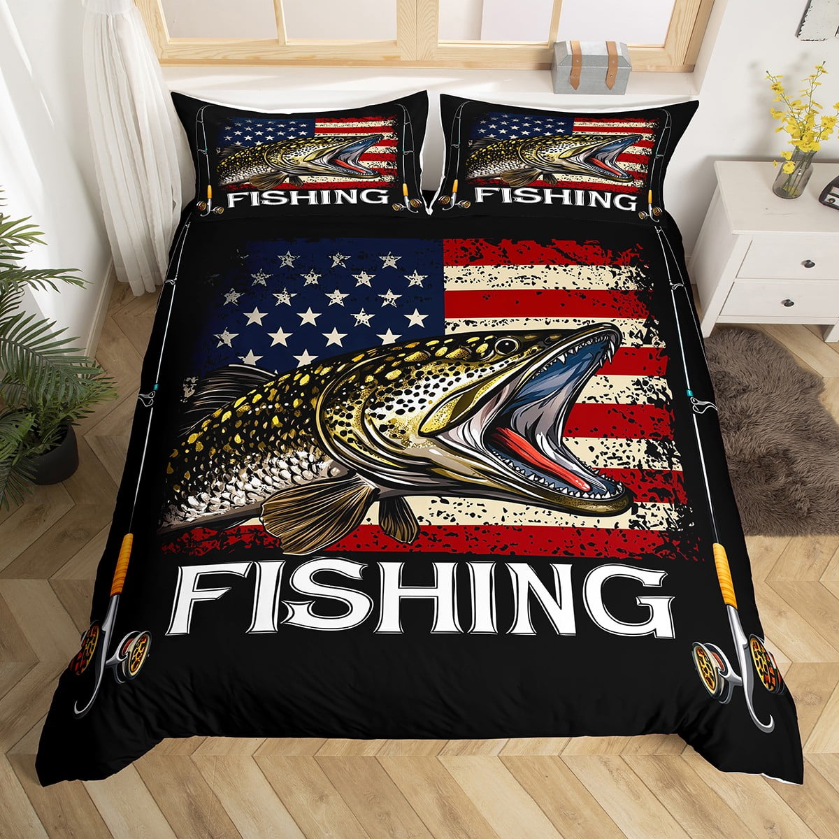 Big Pike Fish Duvet Cover Bass Fish American Flag Pattern Bedding Set ...